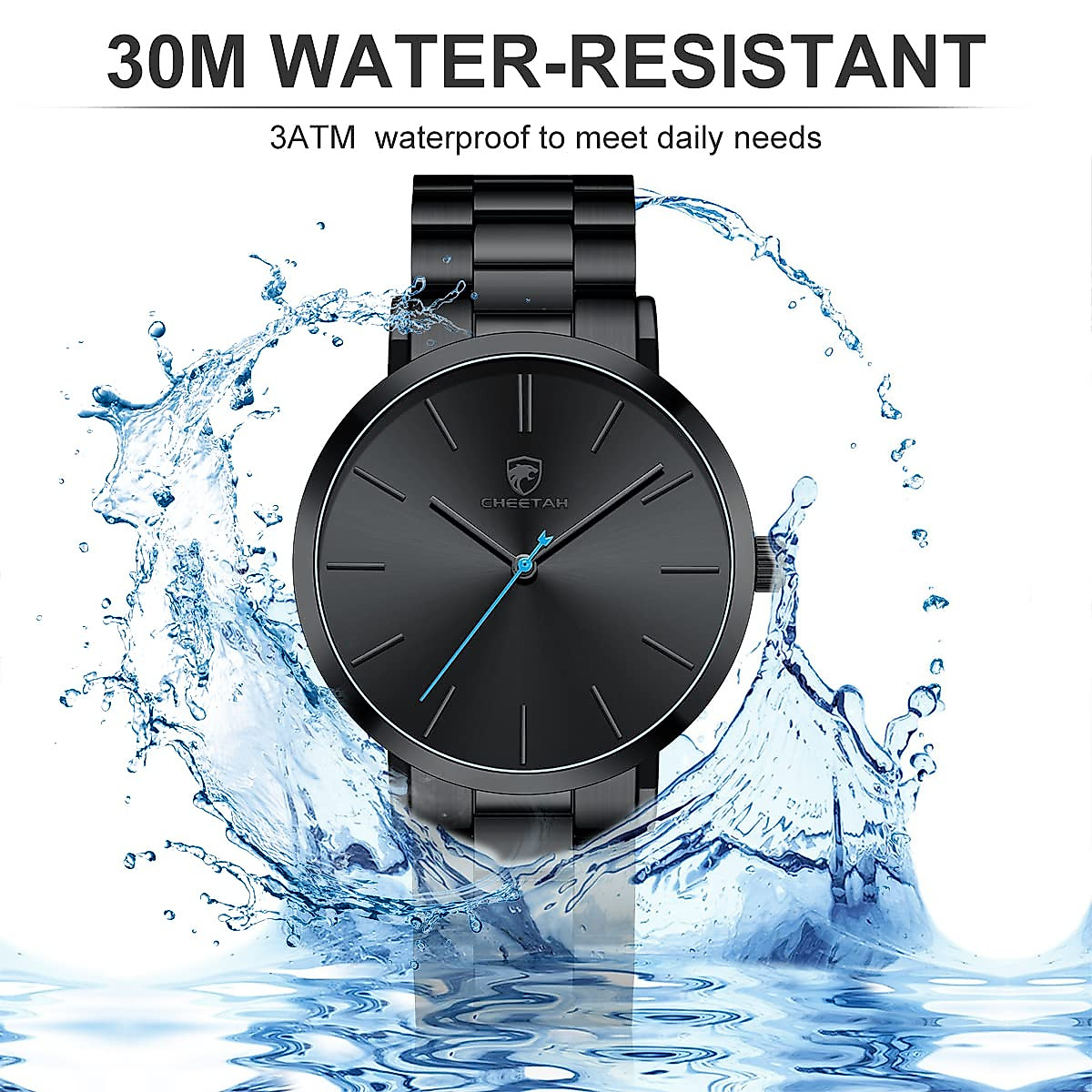 GOLDEN HOUR Men's Watches Slim Minimalist Runway Black Stainless Steel Quartz Analog Watch with Blue Hands