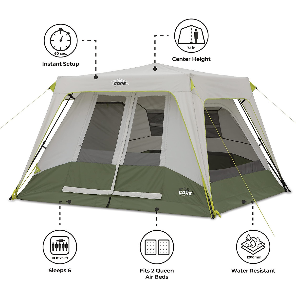 CORE 6 Person Instant Cabin Tent | Portable Large Pop Up Tent with Easy 60 Second Camp Setup for Family Camping | Included Hanging Organizer for Outdoor Camping Accessories