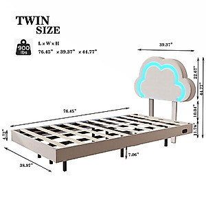 SAVOLIFE LED Floating Bed Frame with Cute Headboard, Twin Size, Velvet Upholstered Platform Bed Frame with Charging Station, Girl Woman Gifts, No Box Spring Needed, Beige