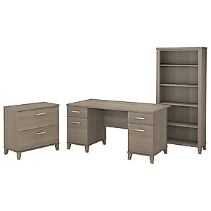 Bush Furniture Somerset 60W Office Desk with Lateral File Cabinet and 5 Shelf Bookcase in Ash Gray