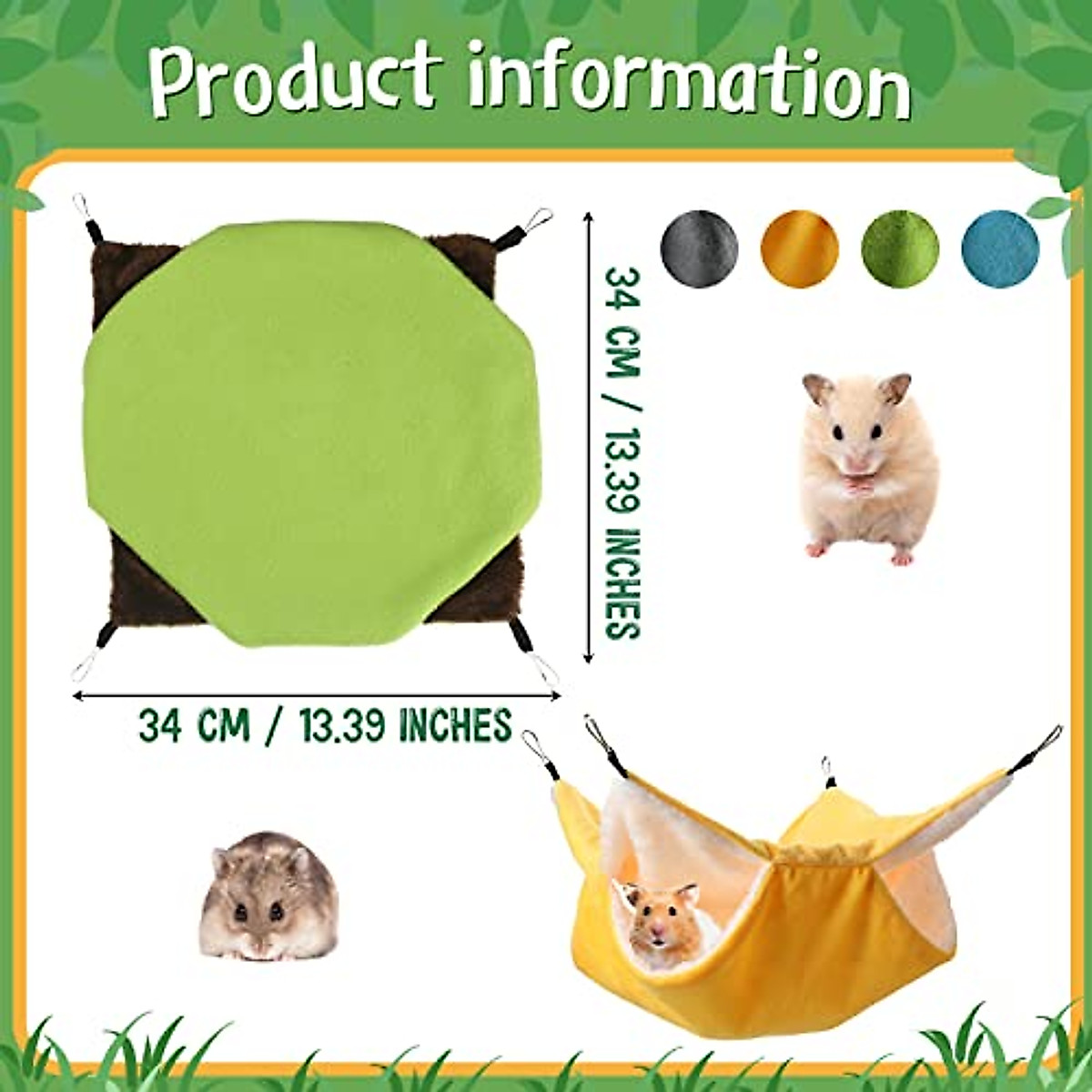 Nuogo 4 Pcs Pet Cage Hammock Small Animal Hanging Hammock Ferret Cage Accessories Double Layer Ferret Bed for Rat Guinea Pig Squirrel Chinchilla Playing and Sleeping, Green Blue Gray Yellow