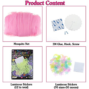 Glamorstar Bed Canopy for Girls Princess Mosquito Net Glow in The Dark Stars and Moon Crib Hanging Tent Bedroom Decor Gift for Kids Pink Crwon