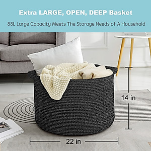 MEGASKET Large Black Blanket Basket, 22" X 22" X 14" Woven Rope Baskets for Storage, Kids Dog Toy Storage Baskets Organizer Bins, Blanket Storage for Living Room, Black Wicker Baskets for Organizing