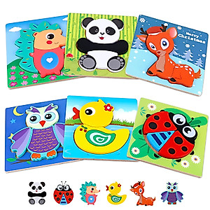 GINMIC Wooden Puzzles for Toddlers, Boys & Girls Educational Preschool Toys Gift with 6 Animals Patterns, Puzzles for 3 Year olds.