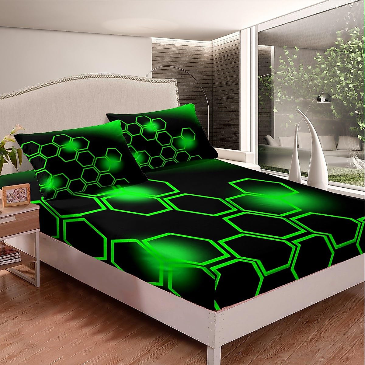 Green and Black Bed Sheets Set Twin Size Honeycomb Sheet Set for Kids Boys Girls Decor Geometrical Sheets with Deep Pocket Fitted Sheet Beehive Geometric Pattern Green Bedding Set Bedroom