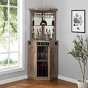 Home Source 73" Tall Corner Storage Cabinet with Wood Doors, Wine Rack, Liquor Glass Holder, Glass Design Large Rustic Bar Hutch for Living Room, Home Office, Kitchen, Small Space, Stone Grey