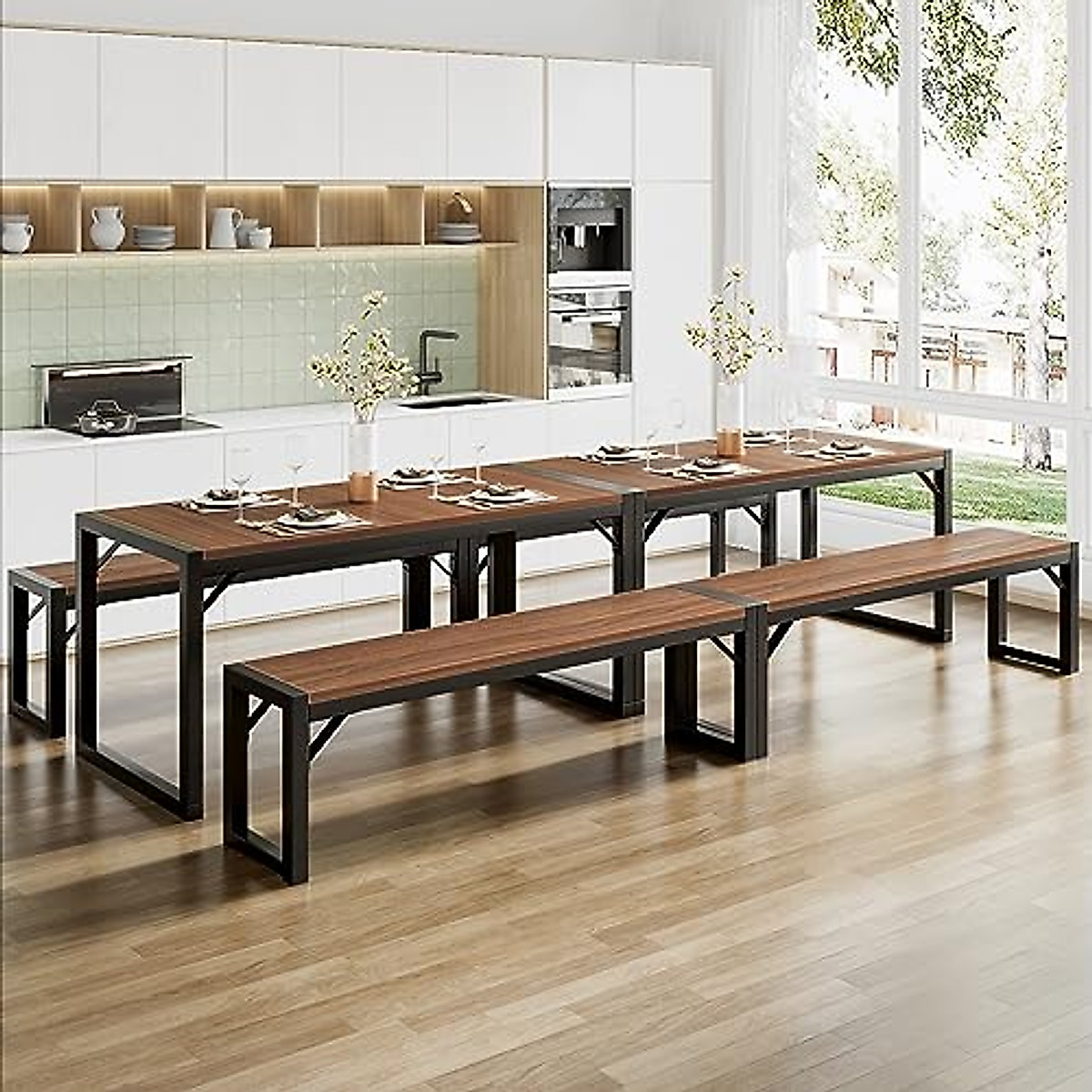 SHA CERLIN 3-Piece Dining Table Set with 2 Benches, Rustic Kitchen Table Set for 4-6, Space-Saving Dinette, Sturdy Structure, Easy Assemble, Walnut/Black