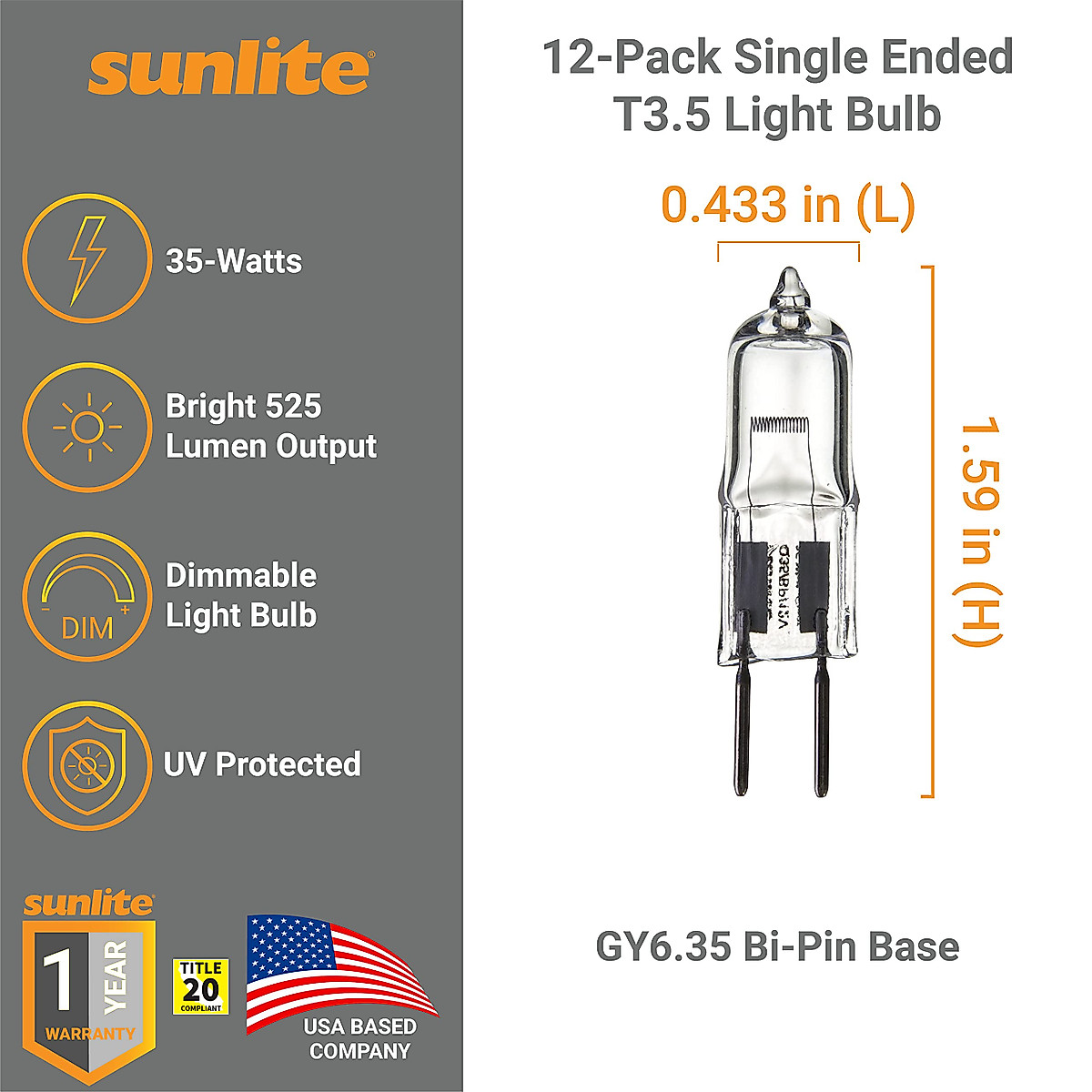 Sunlite 40615-SU Q35/GY6/12V Halogen 35-Watt Single Ended T3.5 Light Bulb, 525 Lumens, 12 Volts, GY6.35 (Bi-Pin) Base, Clear, 2000 Hour Life Span, 3200K - Warm White 12 Pack