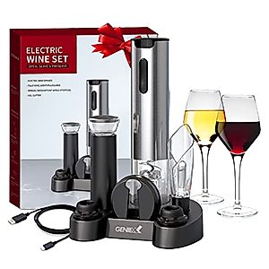 GenieX Electric Wine Opener with charging base, Automatic Wine Opener Electric Corkscrew. 7-in-1 wine accessories, USB-C charging, Cool Kitchen Gadgets, Deluxe gifts for wine lovers, housewarming gift