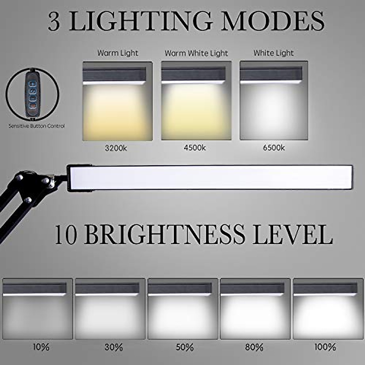 LED Desk Lamp, Adjustable Swing Arm Lamp with Clamp, Eye-Caring Reading Desk Light, 10 Brightness Levels, 3 Lighting Modes, Memory Function Desk Lamps for Home Office with Adapter (Black)