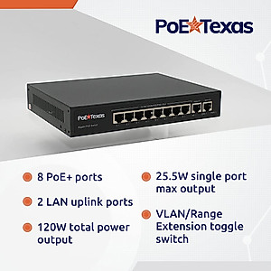 PoE Texas 8 Port PoE Switch - 802.3af/at Power Over Ethernet with 8 PoE+ Ports, 2 LAN Uplink, VLAN & Extender - 120W High Speed Unmanaged Wired Network Switch - Security Camera, Video & More