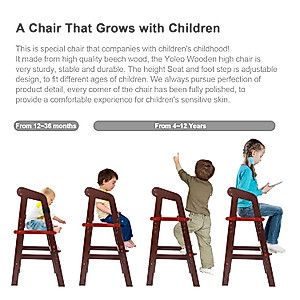 Yoleo Wooden High Chair for Toddlers to Teens, Adjustable Dining Feeding Chair with Steps Grows with Child, Max 60kg (Nut-Brown)