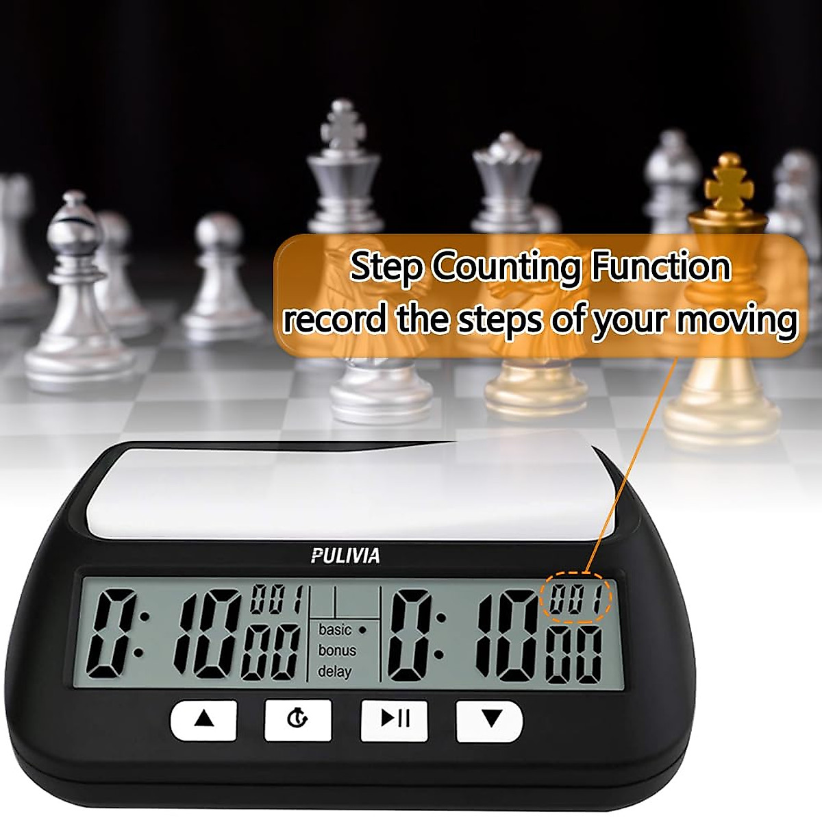 Digital Chess Clock Timer with Count Step, PULIVIA Chess Timer with Alarm, 3-in-1 Multifunction Portable Chess Clock, 2 AA Battery Included, Black