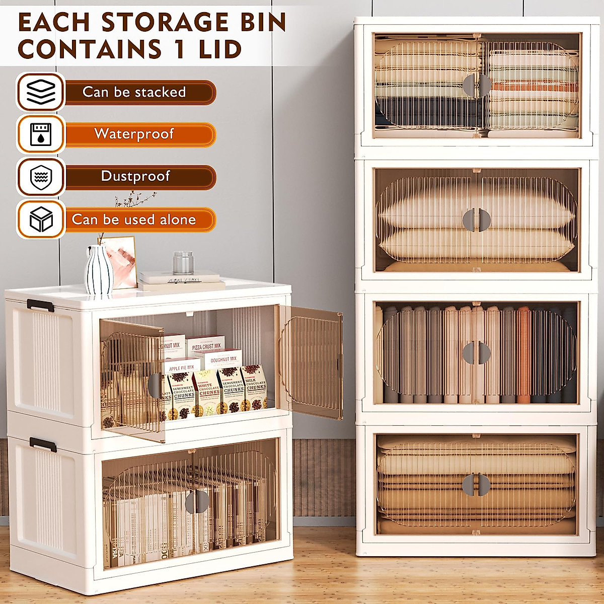 Clear Storage Bin with Lid 3 Pack 【Stackable & Sturdy】Plastic Bins for Storage, Multifunctional Folding Storage Bins for Bedroom, Living Room, Study, Toy Room, Folding Box with Magnetic door