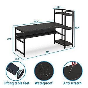 CharaVector Tower Computer Desk 60 inch with 4 Tier Storage Shelves ，Modern Writing Desk with Bookshelf PC Desk Study Writing Table for Home Office，Black