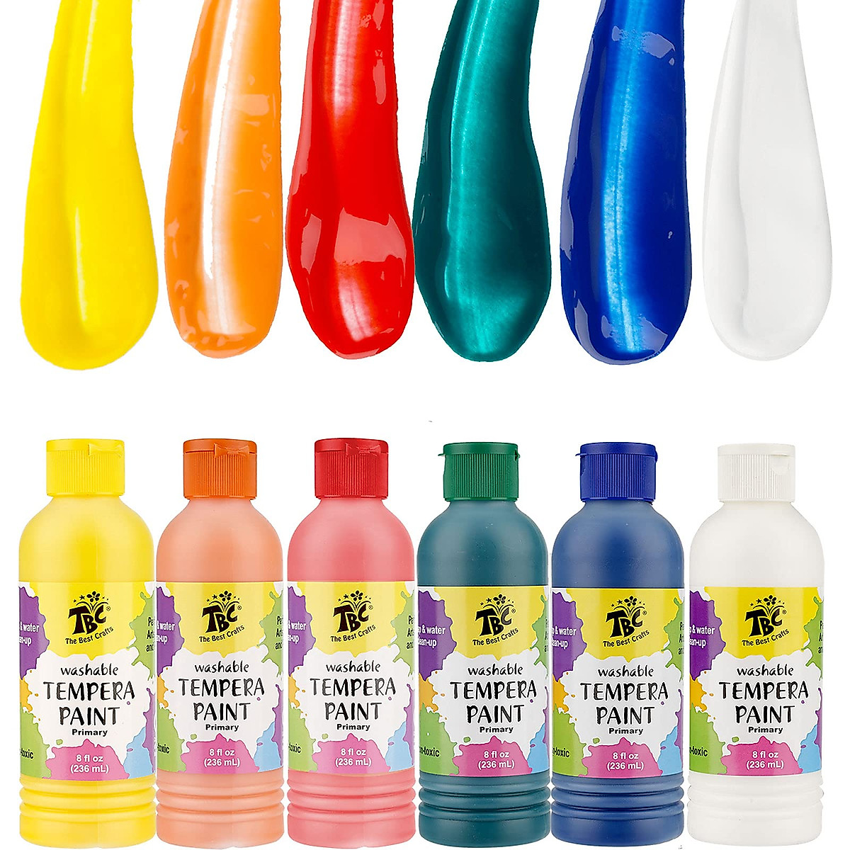 TBC The Best Crafts Washable Tempera Paint Set for Kids, 6 Vibrant Colors Large Volume (8 fl oz./236ml), Non-Toxic Craft Painting Supplies for DIY Projects, Tempera and Posters, Finger Painting