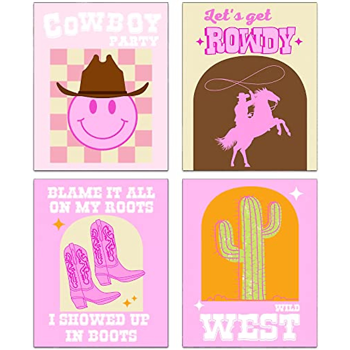 Pink Western Cowgirl Theme Wall Art Aesthetic Poster Preppy Room Decor, Retro Cowgirl Canvas Print, Glamour Cowgirl Wall Art for Girls Room College Dorm Room Decoration, Set of 4-(8"x10" Unframed)