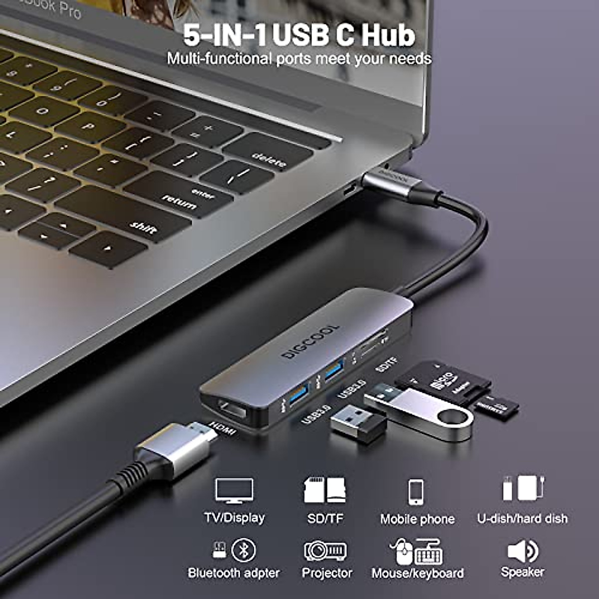 DIGCOOL USB C Hub, 5 in 1 USB C Dongle, USB C to HDMI Multiport Adapter 4K HDMI 2 USB 3.0 Ports SD/TF Card Reader for MacBook, Mac Pro, iPad Pro, XPS, and More