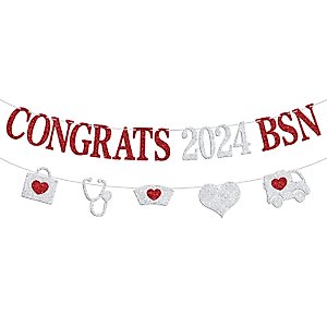 Congrats 2024 BSN Banner - Nurse Grad Party Decoration Supplies - Nursing School Survivor Graduation Party Bunting Sign/Photo Props, Silver and Red Glitter