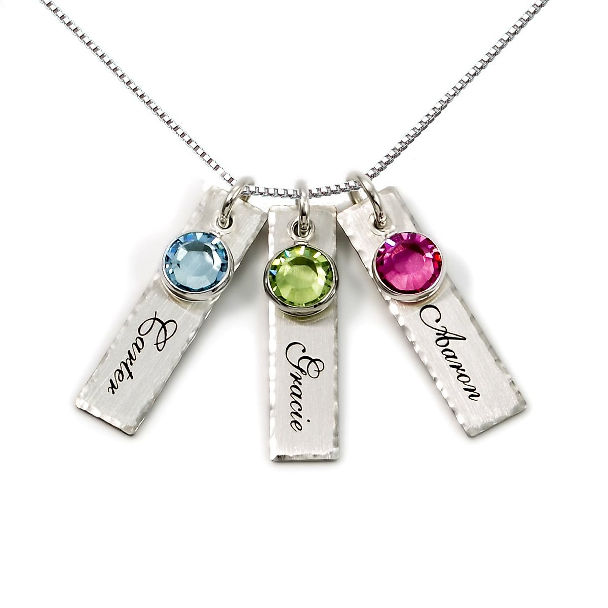 AJ's Collection Unity in Three Personalized Charm Necklace. Customize 3 Sterling Silver Rectangular Pendants with Names of Your Choice. Gifts for Her
