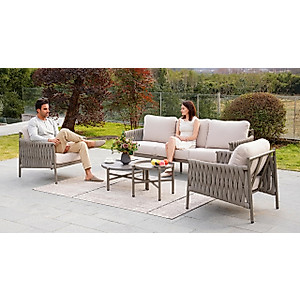 Grand patio 5-Piece Outdoor Furniture Set, Outdoor Sofa Set with 2 Round Side Tables, Modern Metal Outdoor Couch with 6-inch Thick Waterproof Cushions for Patio Porch Deck Backyard