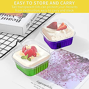 Mini Square Baking Cups,HEYYUMI 50pcs 5oz Aluminum Foil Mini Cake Pans with Lids,Disposable Ramekins Muffin Tins Cupcake Liners,Individual Dessert Containers Flans for Party Bakery(5 Colors E)
