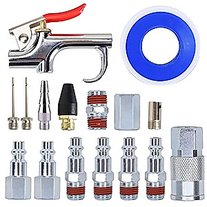 YNAir 18 Pieces Air Compressor Accessories kit, 1/4 in x 25 ft Recoil Poly Air Compressor Hose Kit, 1/4" NPT Quick Connect Air Fittings, 100 PSI Tire Inflator Gauge, Blow Gun, Couplers and Plugs
