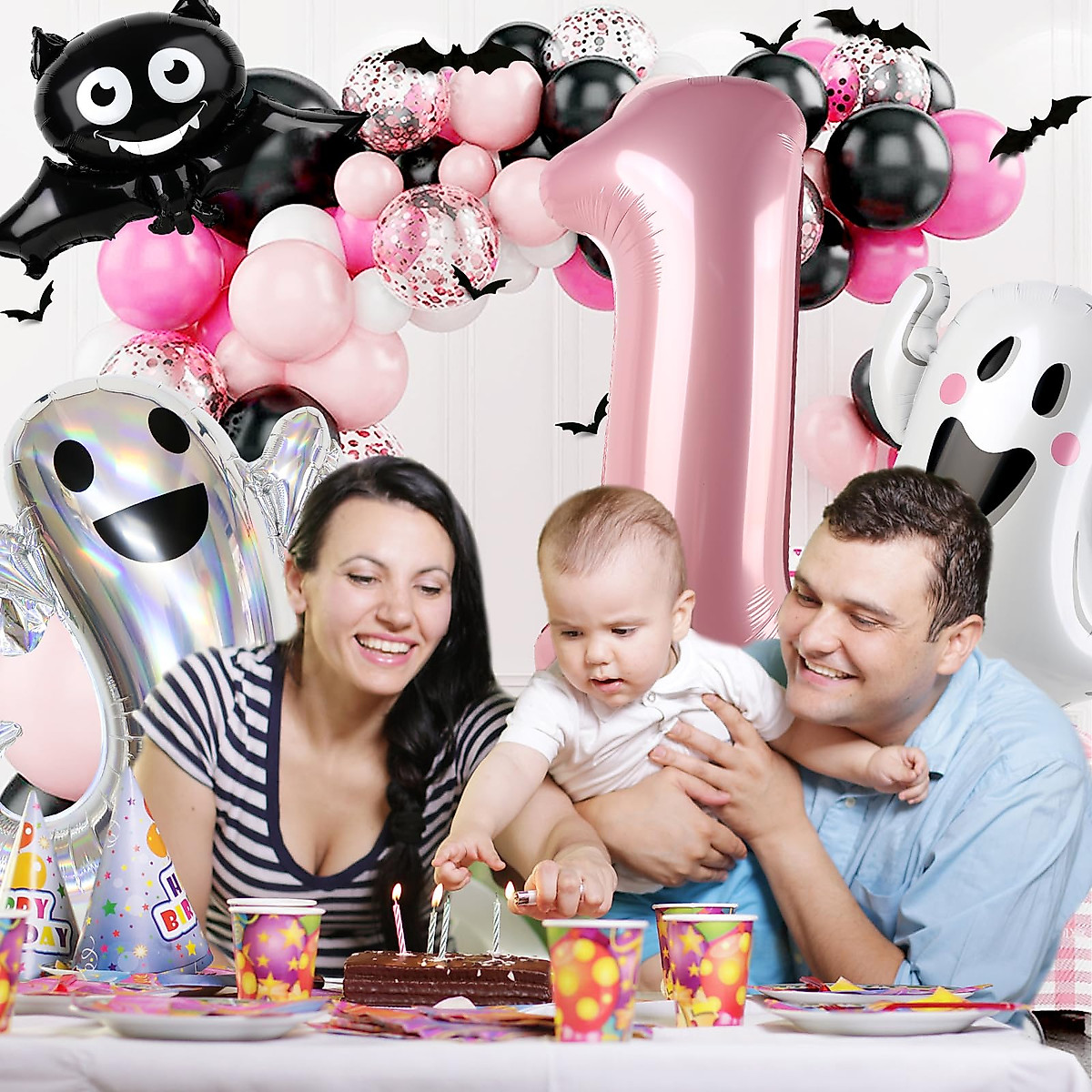 Dripykiaa 16Pcs Spooky One Balloon Set 40" Pink One Year Old Balloon Bouquet for First Birthday Bat Ghost Foil Helium Balloons Birthday Helloween Party Decorations Party Supplies Backdrops for Girl