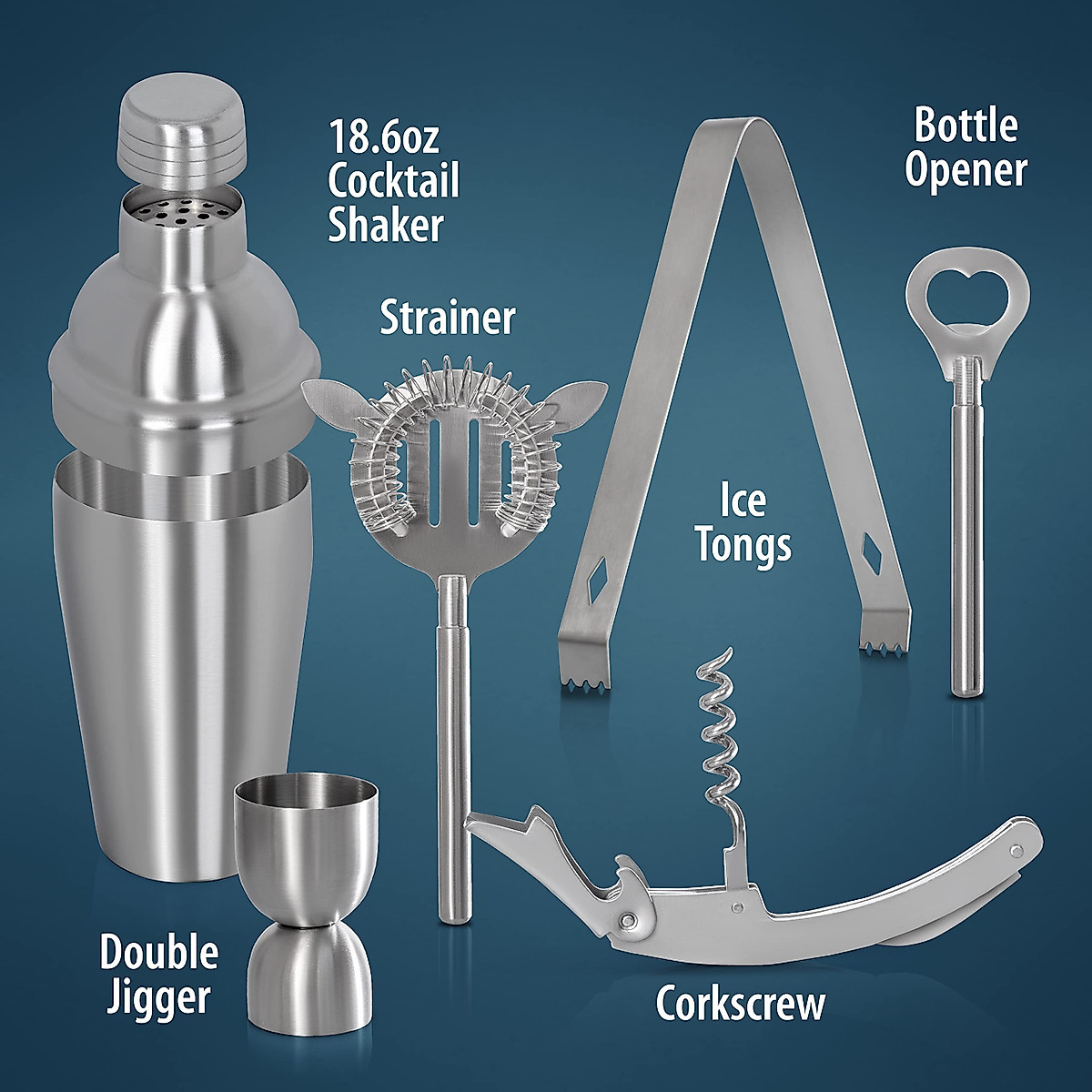 Wyndham House Stainless Steel Bar Set with Cocktail Shaker and All the Tools for Entertaining your Guests, 7-Piece