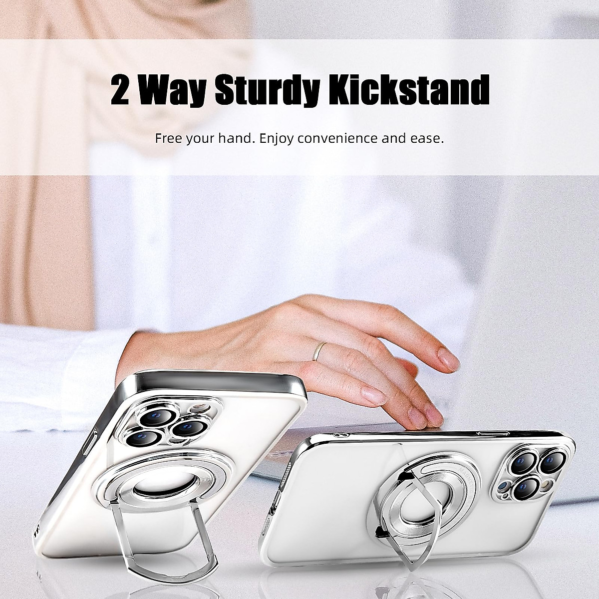 Tcaraersing Magnetic Invisible Stand Case for iPhone 13 Pro Max, Compatible with MagSafe, Built-in Camera Lens Protector, Luxury Plating Clear Shockproof Slim Thin Cover iPhone 13 Pro Max 6.7''-Silver