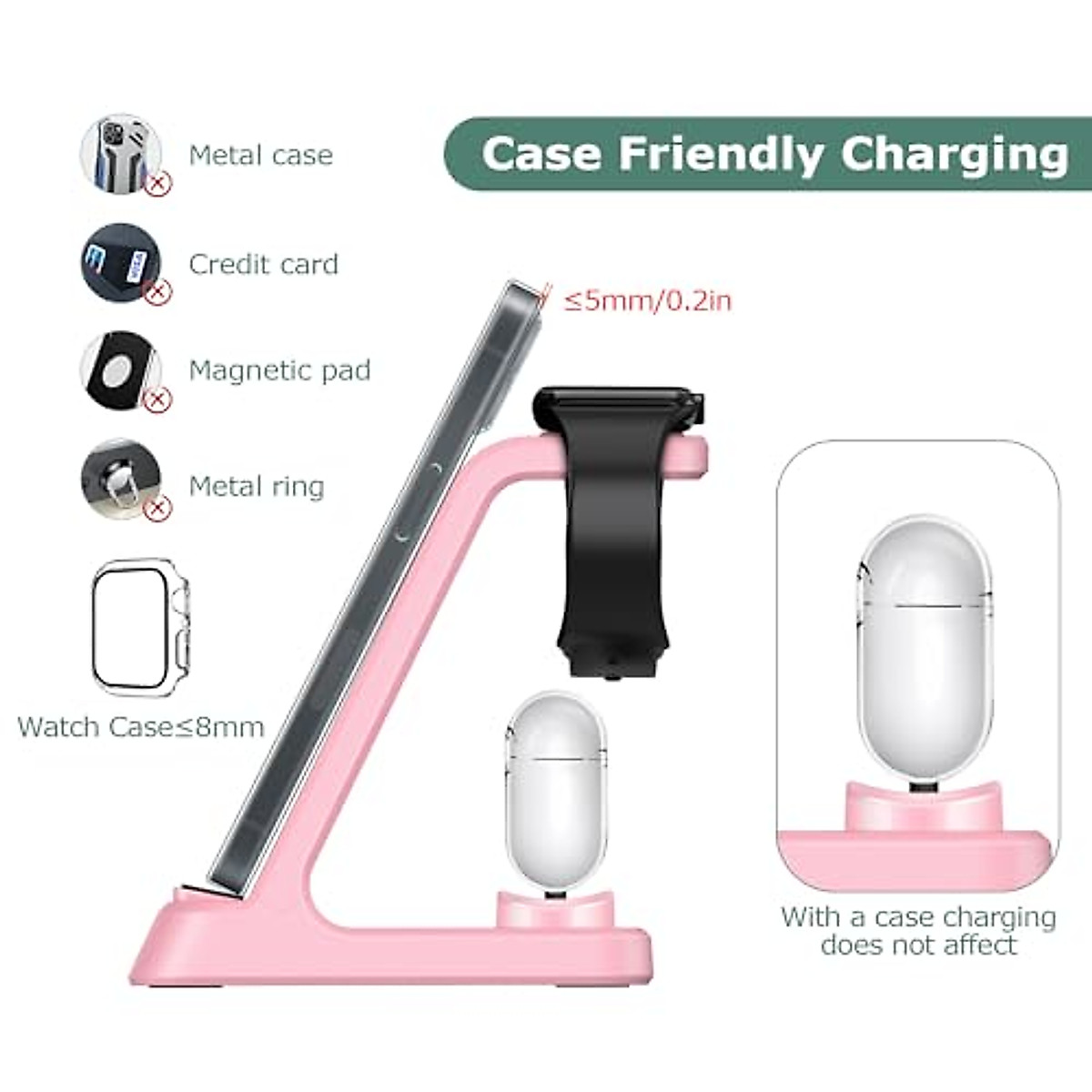 DDUAN Wireless Charging Station, 3 in 1 Fast Charging Stand, Wireless Charger for Apple Watch 8/7/6/5/4/3 & iPhone15/14/13/12/11/Pro/Max/X/XS/Max/XR/8, Air-pods/Pro(QC3.0 Adapter Included)-Pink