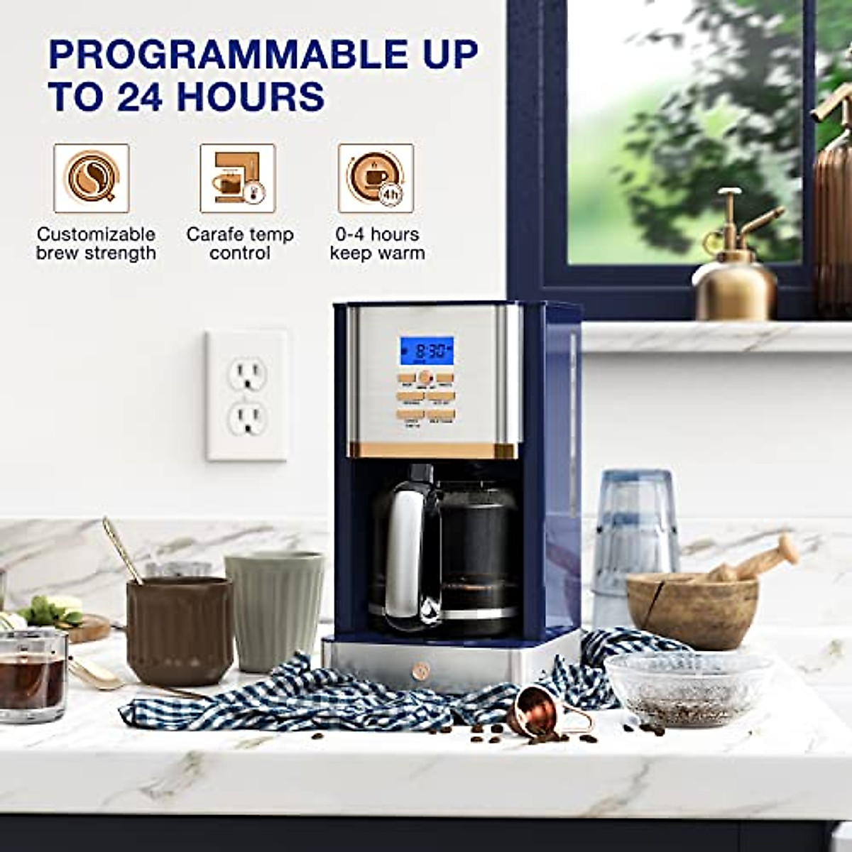 JOY Kitchen 12-Cup Digital Programmable Drip Coffee with Glass Carafe, Reusable Filter Basket & Coffee Spoon, Programmable up to 24 hours, Auto Warming & Self-Clean,Blue