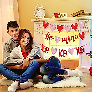 Valentines Red and Pink Glittery Be Mine Banner Glitter XOXO Banner and Heart Garland Banner for Valentines Day Decorations Wedding Proposal Engagement Bachelorette Party Decor Supplies