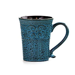 Elama Round Stoneware with Scalloped Edges Dinnerware Dish Set, 16 Piece, Blue