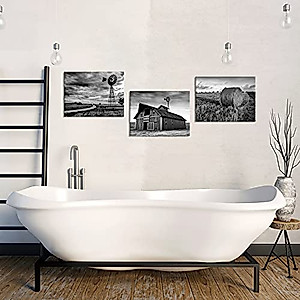 SiMiWOW Farmhouse Landscape Picture Wall Decor Countryside Windmill Barn Picture Wall Art Canvas Prints Framed 12"x16"x3 Pieces, Black and White