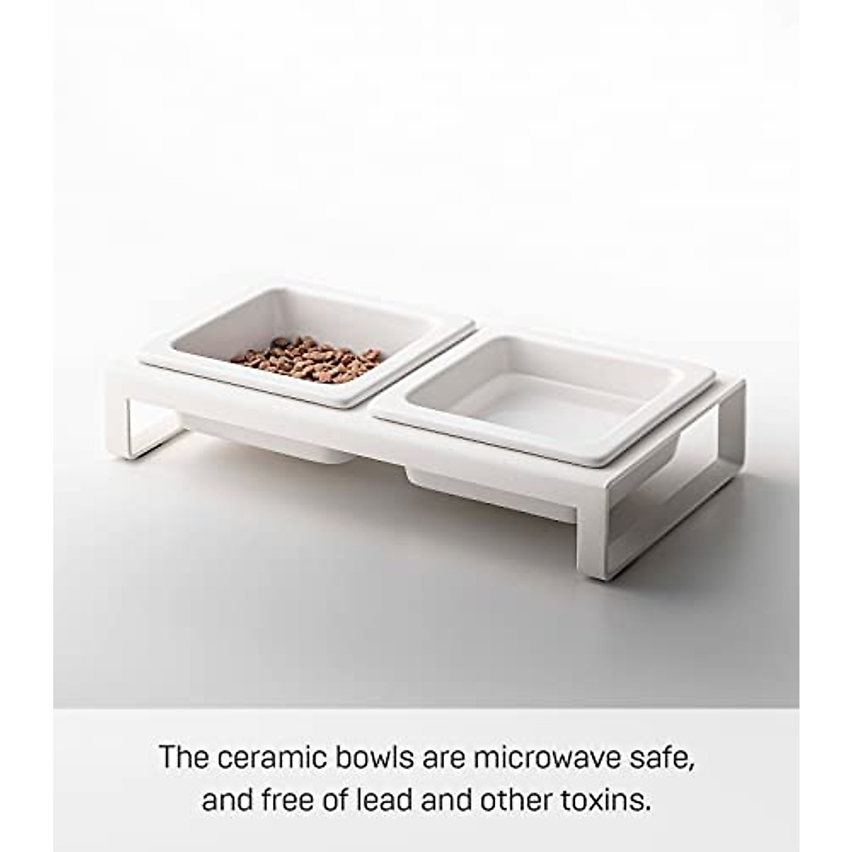Yamazaki Home Tower Steel and Ceramic Pet Food Stand | 2 Bowls for Food and Water | Feeder for Small Cats and Dogs | Non-Slip - Short - 1.25 Cups, 300 Milliliters Per Bowl, White