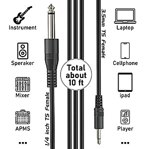 3.5mm Male to 6.35mm 1/4" Male Mono Audio Cable with Compatible for Headphones,Mobile Phone,iPod, Laptop,Guitar, Electronic Drum, Instrument, Amplifiers & More. 3M/10ft.