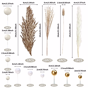 50 PCS Boho Cake Toppers Mini Balls Cake Topper Various Dried Pampas Grass Cake Decor for Boho Home Wedding Cake Decoration (Grey White Gold)