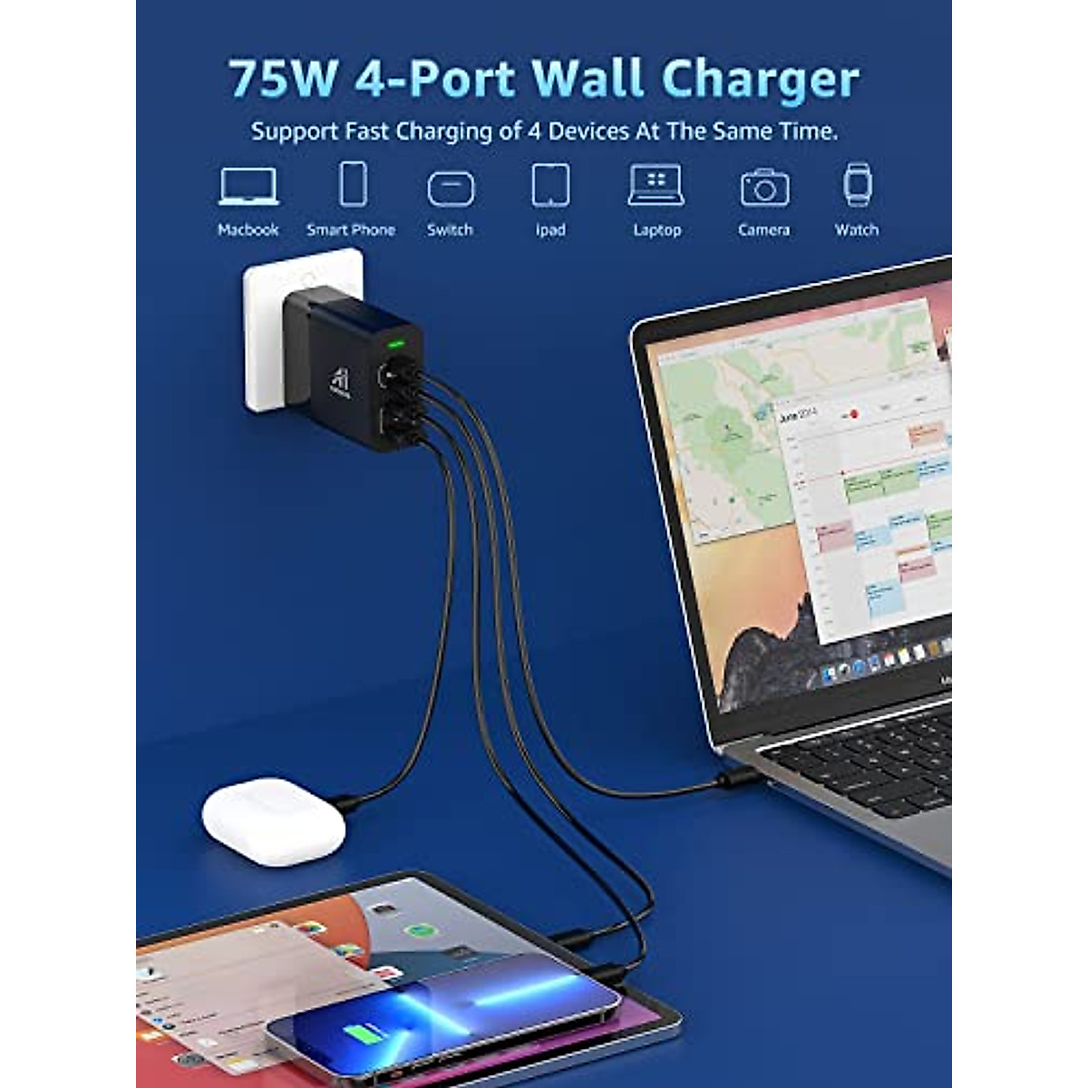 USB C Charger, 75Ｗ iPhone Fast Charger Block, Dual PD3.0 & QC3.0 Super Fast Wall Charger, PPS Type c Charger Fast Charging,Travel Power Adapter Compatible MacBook Pro/Air/iPad/iPhone14/Galaxy S22/S21