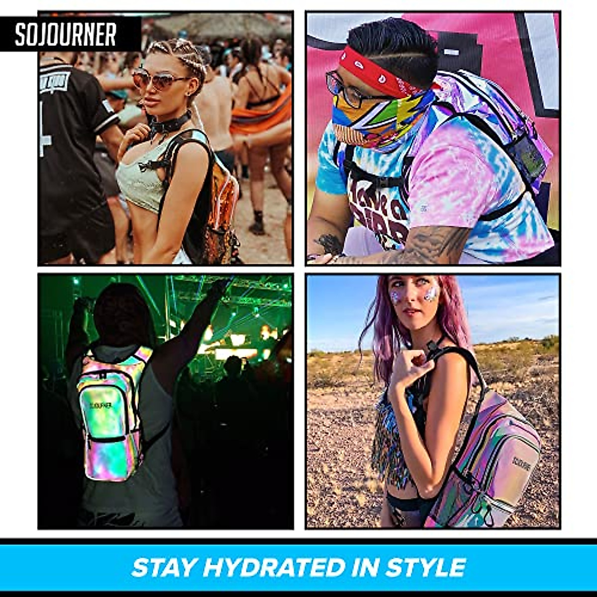 SOJOURNER Rave Hydration Pack Backpack - 2L Water Bladder Included for Festivals, Raves, Hiking, Biking, Climbing, Running and More (Medium) (Holographic - Pink)