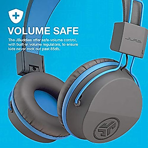 JLab JBuddies Studio Bluetooth On-Ear Kids Headphones | 13 Hour Battery Life | Studio Volume Safe | Volume Limiter | Folding | Adjustable | Noise Isolation | with Mic | Gray/Blue