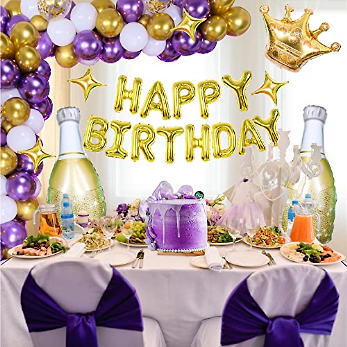 Purple Gold Birthday Decorations for Women Girls, Gold Happy Birthday Banner 13th 16th 18th 21st 30th 40th 50th 60th Birthday Party Decorations, Champagne Purple Gold & White Balloon Arch Kit