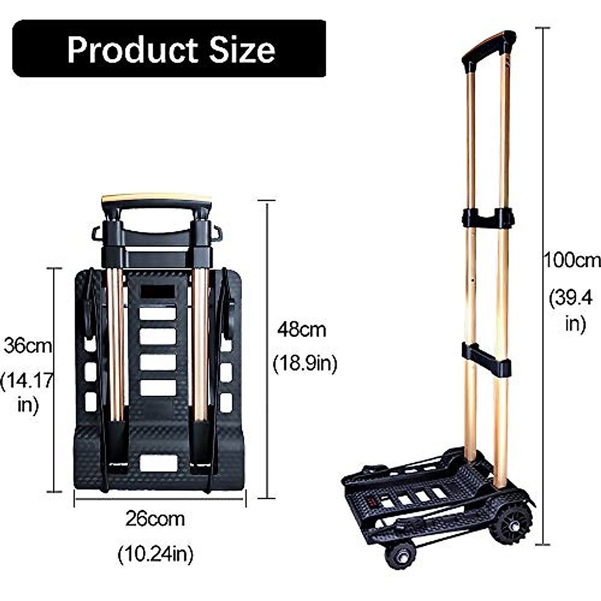 Folding Hand Truck Portable Dolly Compact Utility Luggage Cart with 70Kg/155Lbs Heavy Duty 4 Wheels Solid Construction Adjustable Handle for Moving Travel Shopping Office Use (Black)