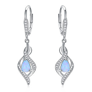 VONALA Opal Earrings 925 Sterling Silver Blue Opal October Birthstone Dangle Drop Dangly Leverback Earrings Valentine's Day Jewelry Gifts for Women