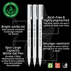 MARTCOLOR White Gel Pens, 1mm Fine Point Gel Ink Pen Opaque Archival Ink Pens for Black Paper Drawing, Sketching, Illustration, Card Making, Bullet Journaling, 3 Pack