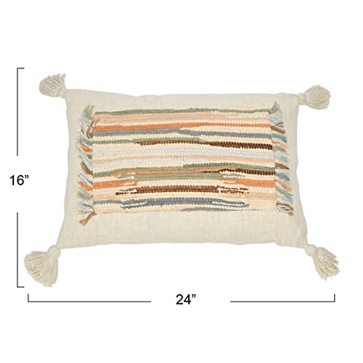 Creative Co-Op Woven Cotton Slub Lumbar Applique, Fringe and Tassels Pillow, 24" L x 16" W x 2" H, Multicolor