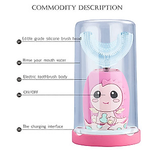 NC Kids Automatic Toothbrush with Blue Lights,U Shaped Design,USB Charging with Water Cup,IPX7 Waterproof,45s Cleans All Teeth,Pink