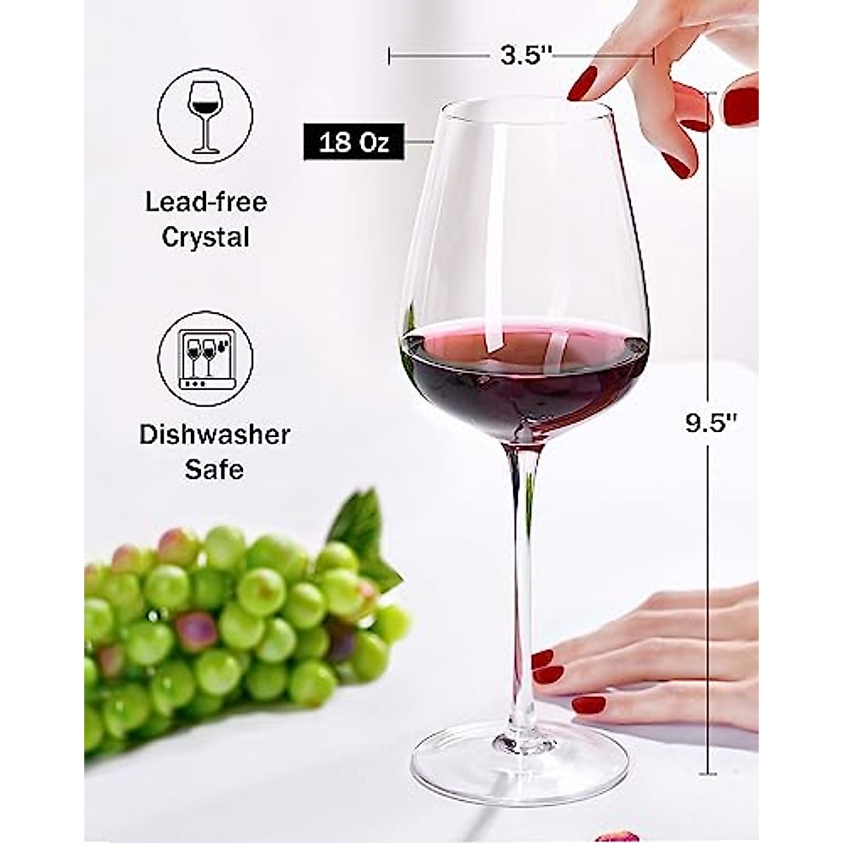 JBHO Hand Blown Italian Style Crystal Bordeaux Wine Glasses - Great Gift Packaging - Red Wine Glasses Lead-Free Premium Crystal Clear Glass - Set of 4-18 Ounce