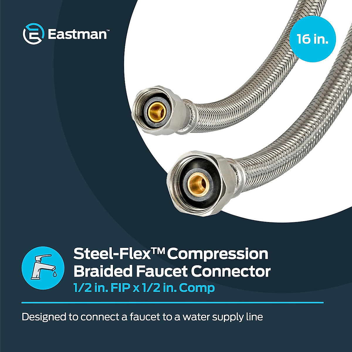 Eastman 16 Inch Steel-Flex Braided Faucet Connector, 1/2 Inch FIP x 1/2 Inch Compression, Stainless Steel Faucet Supply Line, 48026