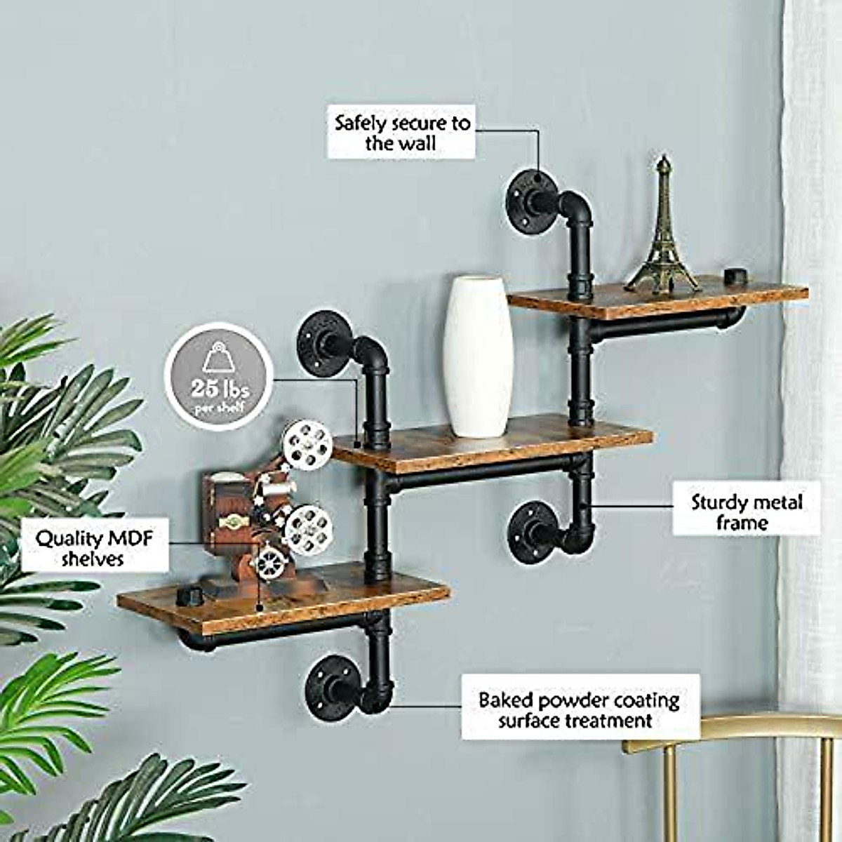 tonchean Industrial Rustic Shelving Wall Wood Pipe Ladder Floating Shelves Wall Mounted Corner Shelves for Bathroom Kitchen Office-Pipe Shelves with Wood Planks